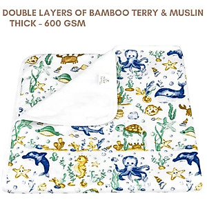 KloudBambu Hooded Baby Towel, Super Soft to Sensitive Skin, Ultra Absorbent, for Newborn, Infant, Toddler Girls and Boys, Seaworld Print