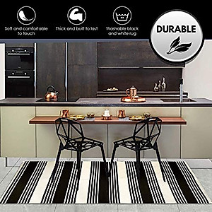 ABREEZE Black and Cream White Striped Rug Runner BlackCotton Woven Porch Rug Farmhouse Striped Outdoor Indoor Rugs Washable Door Mat for Porch Layered Kitchen Bathroom Laundry Room 2' x 4.3
