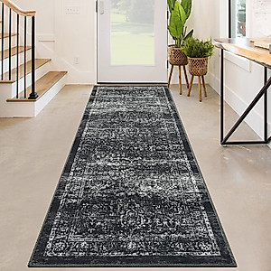 GarveeHome Washable Runner Rug 2x6 Runner Vintage Rug Non Slip Kitchen Rugs Floral Oriental Low Pile Entryway Rug Soft Bathroom Rugs Stain Resistant Carpet for Bedroom Hallway Laundry 2'x6' Black
