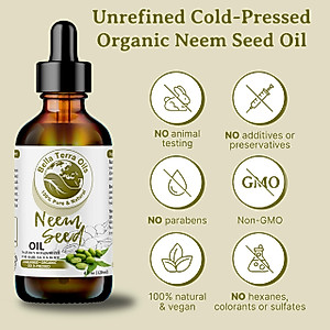 Bella Terra Oils - Organic Neem Seed Oil 4oz - Immerse in the Benefits of Organic Neem, Enriched with Amino Acids & Omega-6, Nourishing Skin Treat