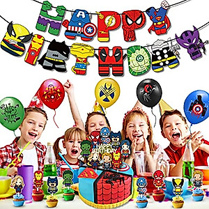 Superhero Party Supplies Superhero Party Decorations, 20Pcs Superhero Balloons, 1Pcs Happy Birthday Banner, 13Pcs Superhero Cake and Cupcake Toppers for Kids Birthday Party