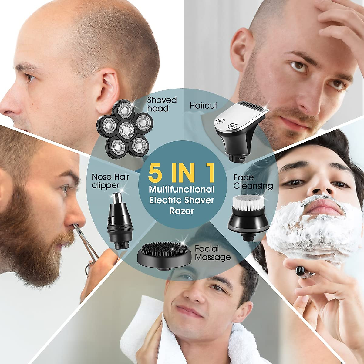 Bald Head Shaver for Men,Electric Razor for Men,5 in 1 Waterproof Wet/Dry Mens Grooming Kit,Electric Head Razor with Nose Trimmer,Brush,Massager