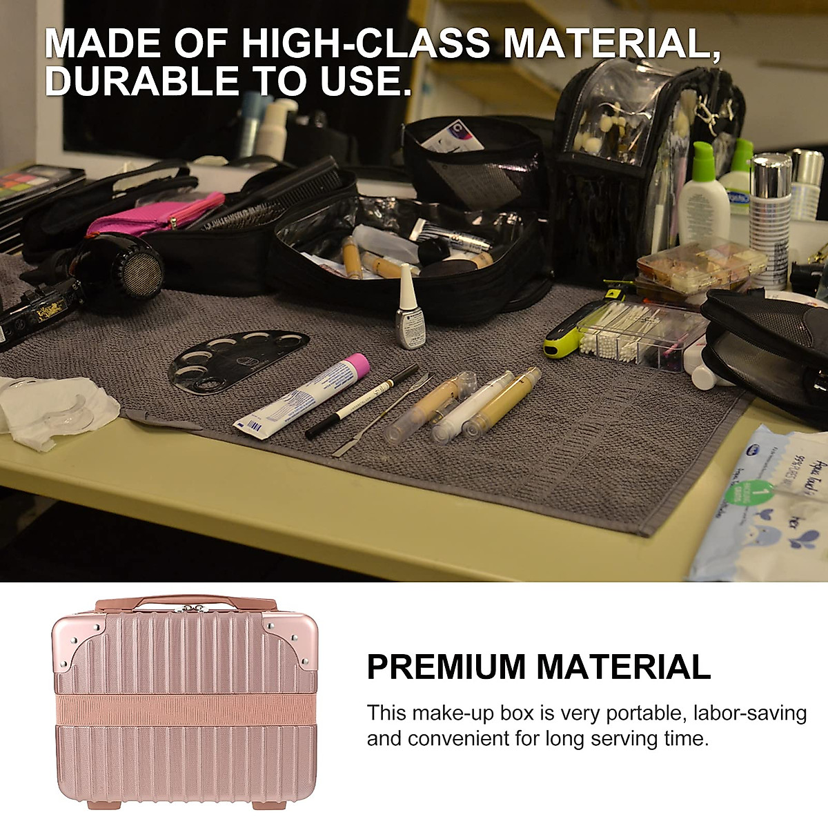 HEALLILY Hand Luggage Suitcase Makeup Suitcase 14 Inch Large Capacity Travel Makeup Train Case Portable Makeup Bag Cosmetic Brush Organizer Artist Storage Bag for Gold and white Makeup Box