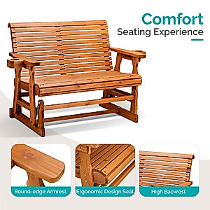 VINGLI Outdoor Glider Bench Wood Patio Glider with Cup Holders, Porch Glider Chair Outdoor Bench Glider Loveseat with Smooth Rocking Mechanism, Heavy Duty 800 LBS