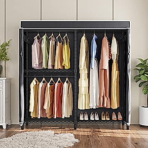 VIPEK V4C Double Clothing Rack with Cover Protable Closet for Hanging Clothes, Heavy Duty Garment Rack Metal Wardrobe Storage System with Adjustable Shelves & 2 Side Hooks, Black Rack with Black Cover