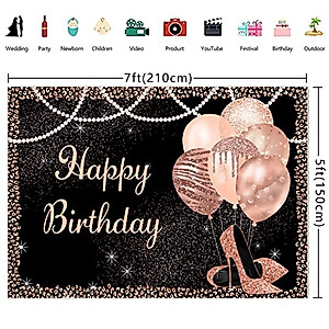 Wollmix Rose Gold Happy Birthday Decorations for Women Banner Backdrop 7x5ft Party Sweet 16 Girls Balloons Glitter Dots High Heels Photography Background Supplies Photo Booth Studio Cake Table