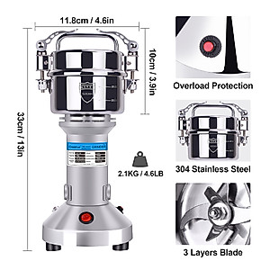 Greatrue 150g Electric Grain Mill Grinder, 304 Stainless Steel Grain Mill, 1500W High Speed Spice Grinder, Electric Grain Mill for Dry Wheat, Oats, Corn, Pepper and Coffee Beans