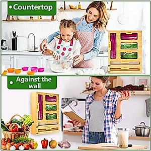 Ziplock Bag Storage Organizer for Kitchen,Aluminum Foil Plastic Wrap Dispenser with Cutter,Real Bamboo 6-in-1 Sandwich Bags Organizer and Lunch Baggie Dispenser,for Drawer,Wall,Pantry etc