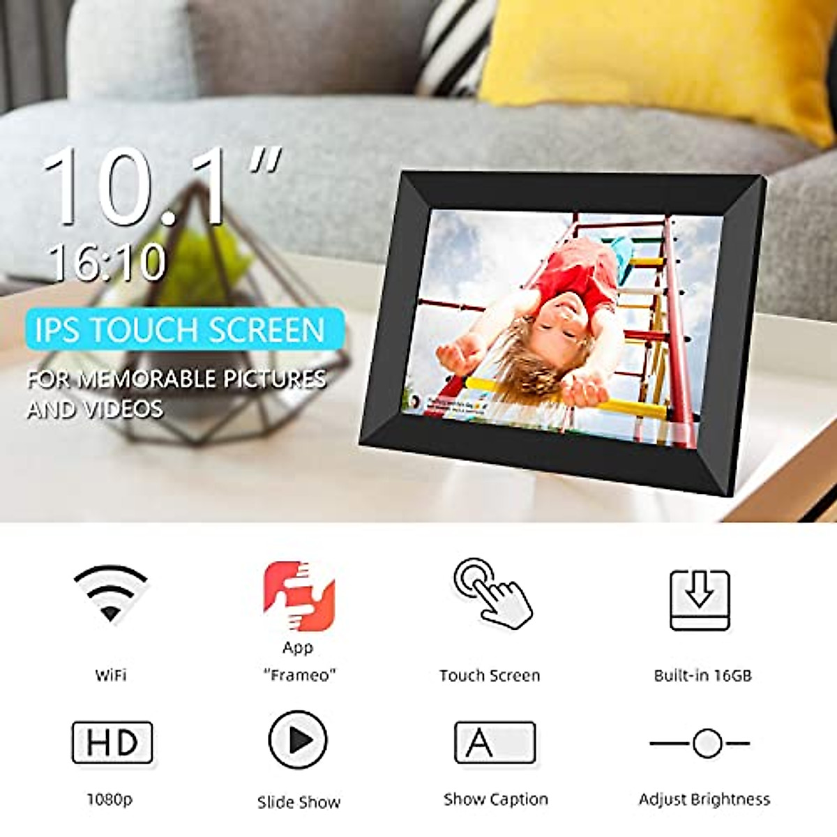 FRAMEO 10.1 inch WiFi Digital Picture Frame 1280x800 HD IPS Touch Screen Smart Cloud Photo Frame with 16GB Memory, Auto-Rotate, Wall Mountable, Easy Setup to Share Photos or Videos via Frameo