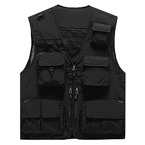 Flygo Men's Multi-Pocket Outdoor Quick Dry Mesh Fishing Safari Photo Work Vest (Large, Black)