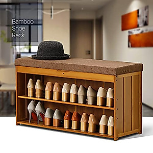 MoNiBloom Bamboo 2 Tiers Shoe Rack Organizer Changing Stool Bench with Flip-Open Storage Box Padded for Hallway, Bathroom, Bedroom - Brown (6-10 Pairs)