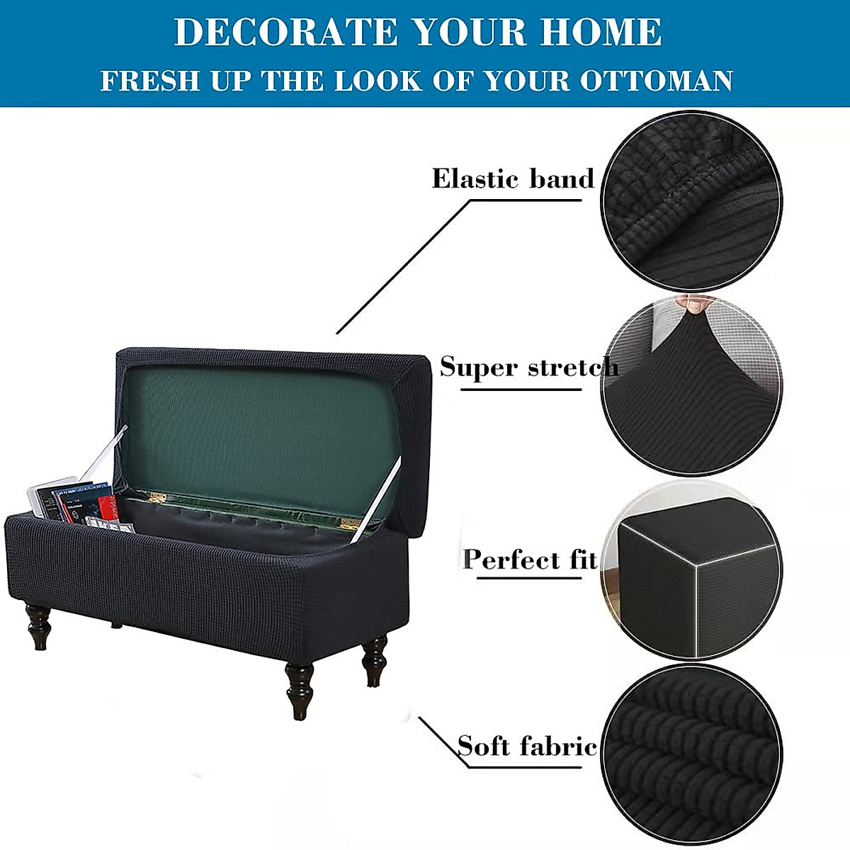 HFCNMY Storage Ottoman Cover,Stretch Rectangle Storage Bench Cover Knitted Jacquard Ottoman Covers Rectangle Folding Storage Bench Ottoman Cover Footrest Stool Slipcover Black Small