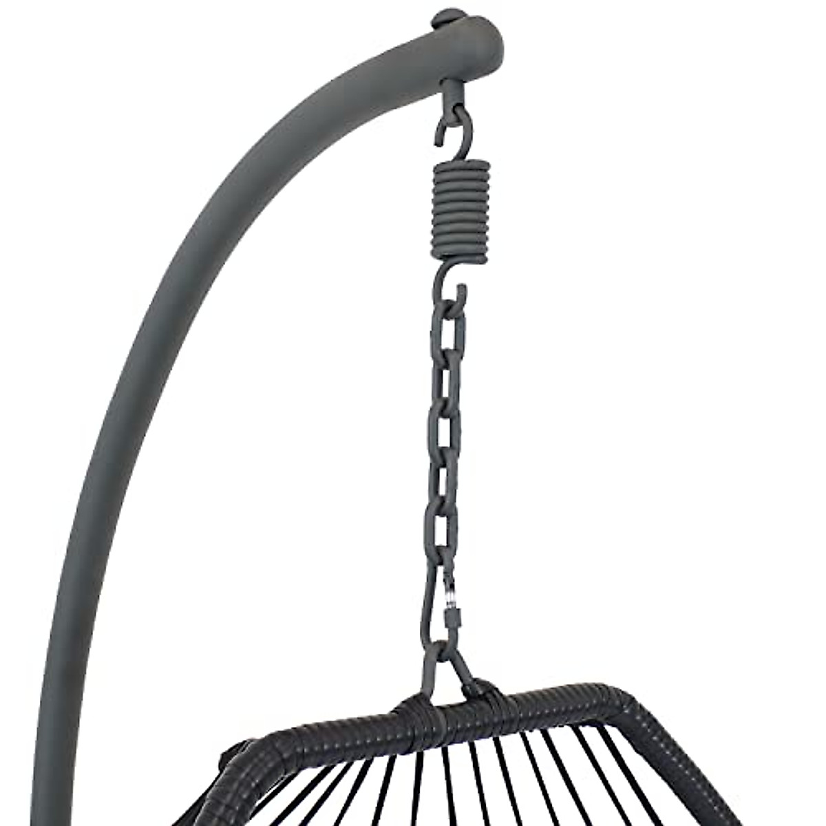 Sunnydaze Oliver Black Resin Wicker Hanging Egg Chair Swing with Gray Cushions and Steel Stand Set - Outdoor Boho Single Lounge Seat for Yard or Patio - Collapsible Nylon Rope Back Design