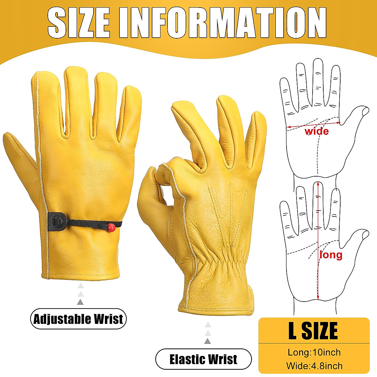 Bencailor 4 Pairs Cowhide Leather Gloves Adjustable Wrist Gloves Puncture Cut Resistant Gloves Work Gloves for Men & Women(Golden Yellow)