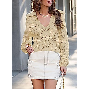 Dokotoo Comfy Lapel Collar Long Sleeve Knitted Pullover Sweaters for Women Sexy V Neck Crochet Fall Jumpers Tops Apricot Large