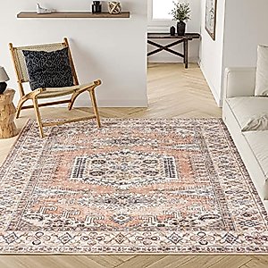 Valenrug Washable Rug 5x7 - Ultra-Thin Antique Collection Area Rug, Stain Resistant Rugs for Living Room Bedroom, Distressed Persian Boho Rug(Peach/Yellowish, 5'x7')
