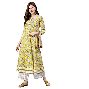 Yash Gallery Indian Cotton Floral Printed Anarkali Kurtis for Women (Lemon Yellow)