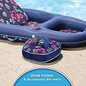 Aqua Campania Ultimate 2-in-1 Pool Float Lounge – Extra Large – Inflatable Pool Floats for Adults with Adjustable Backrest & Cupholder Caddy – Navy Hibiscus
