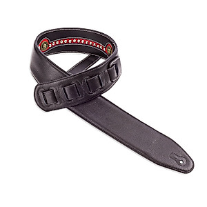 Walker & Williams Black & Red Western Style Padded Guitar Strap with Chrome and Brass Studs For Acoustic, Electric, And Bass Guitars