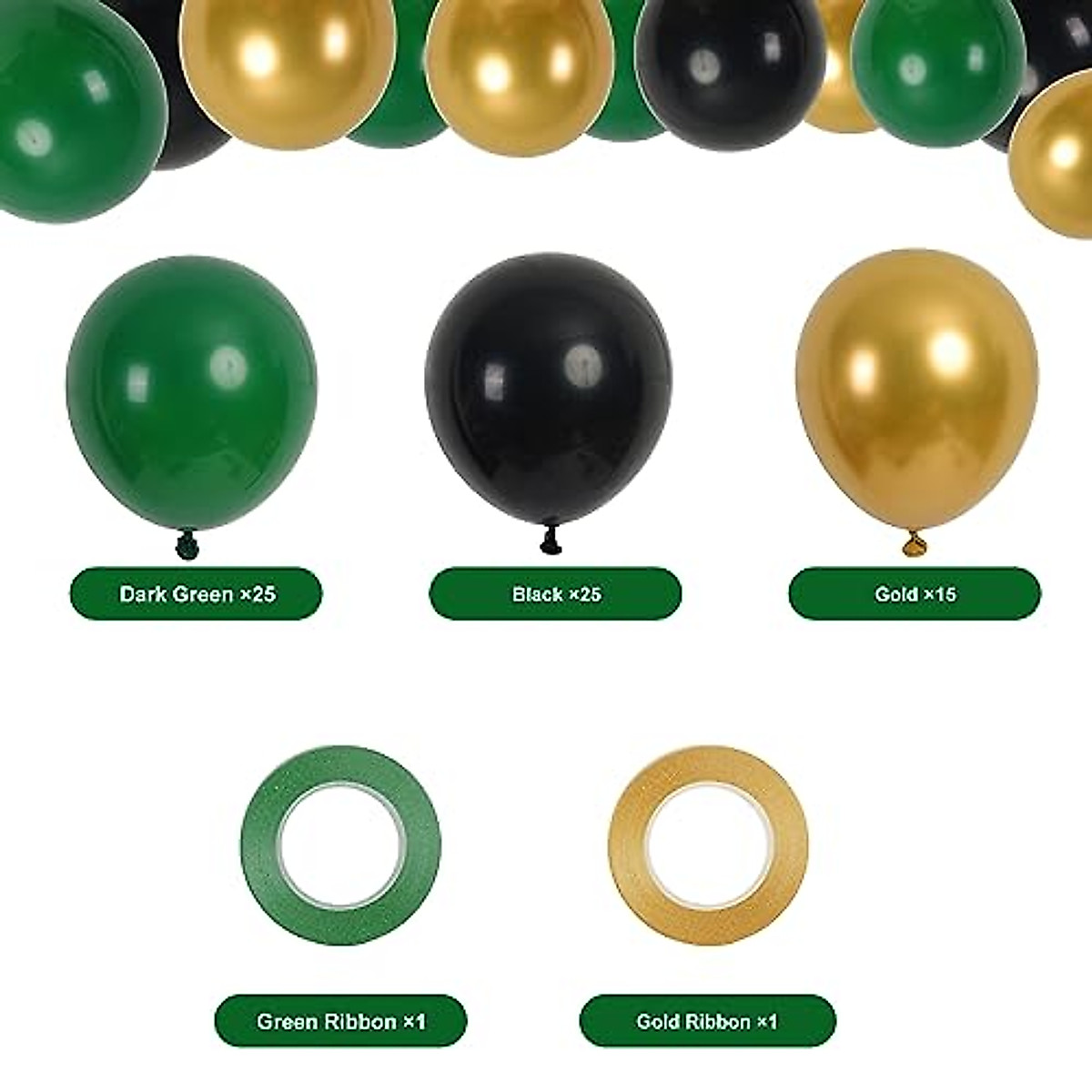 RUBFAC 65 Pcs Black Gold and Green Balloon Arch Garland Kit, 12 Inches Dark Green Gold Balloons for Black Wedding Safari Jungle Birthday Decorations