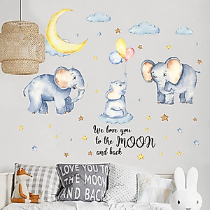 Elephant Wall Stickers for Baby Nursery Wall Decor, Elephant Nursery Wall Dacal Decor for Girls Baby Boy, We Love You to The Moon and Back Elephant Decor for Baby Room Kids Bedroom Playroom Art Gift