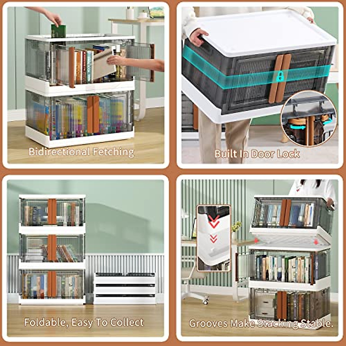 Storage Bins with Lids - Collapsible Storage Bins, Clear Black Wardrobe Closet Organizer, 19Gal Stackable Toy Storage, Foldable Plastic Storage Container with Door, Crate for Book Storage (3 Pack)