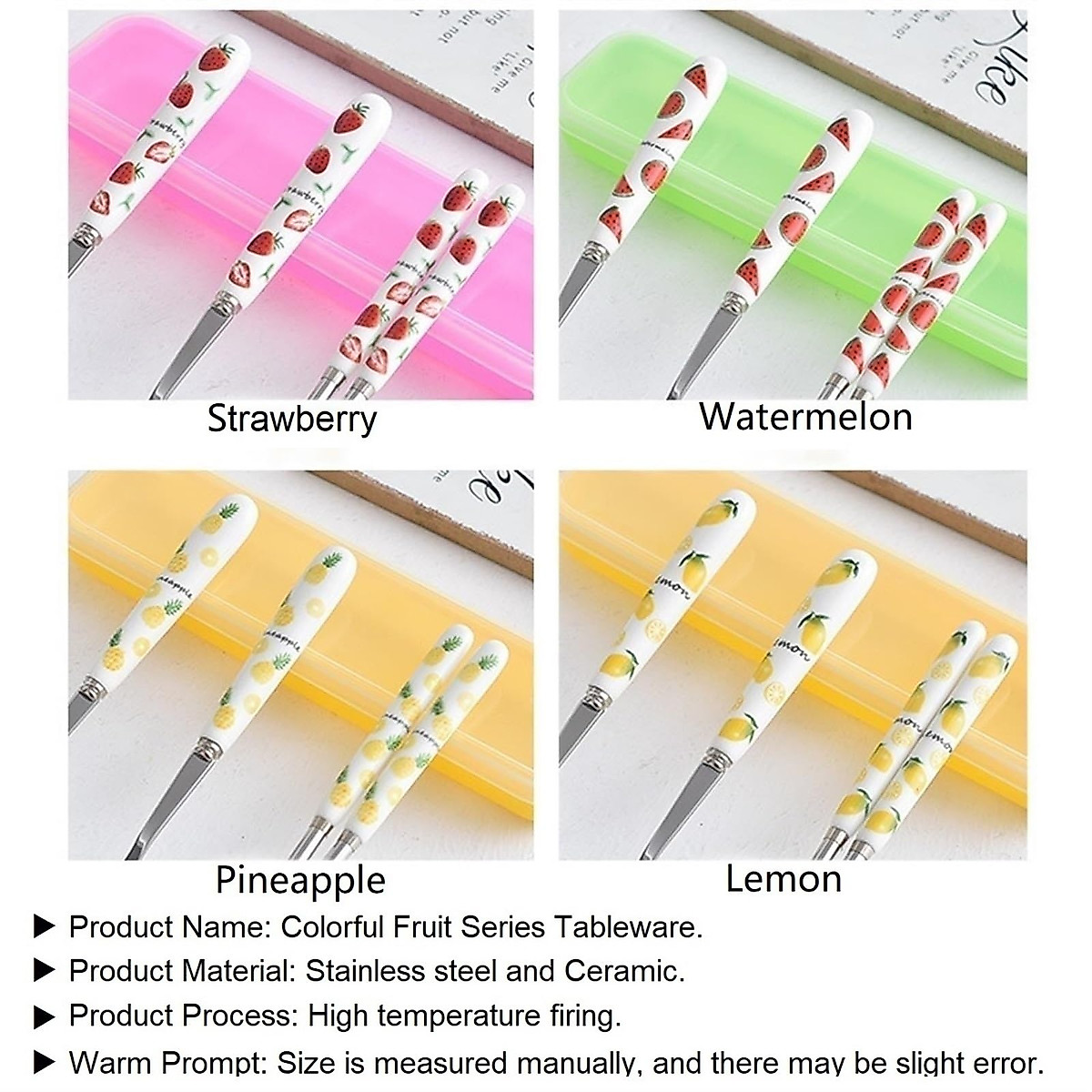 SENIDIKE Silverware Set, Ceramic Handle Dinnerware Set Flatware Kitchen Accessories Camping Travel Sets Fork Spoon Portable Cutlery Sets with Case, Lemon Strawberry Watermelon Pineapple Fruit series