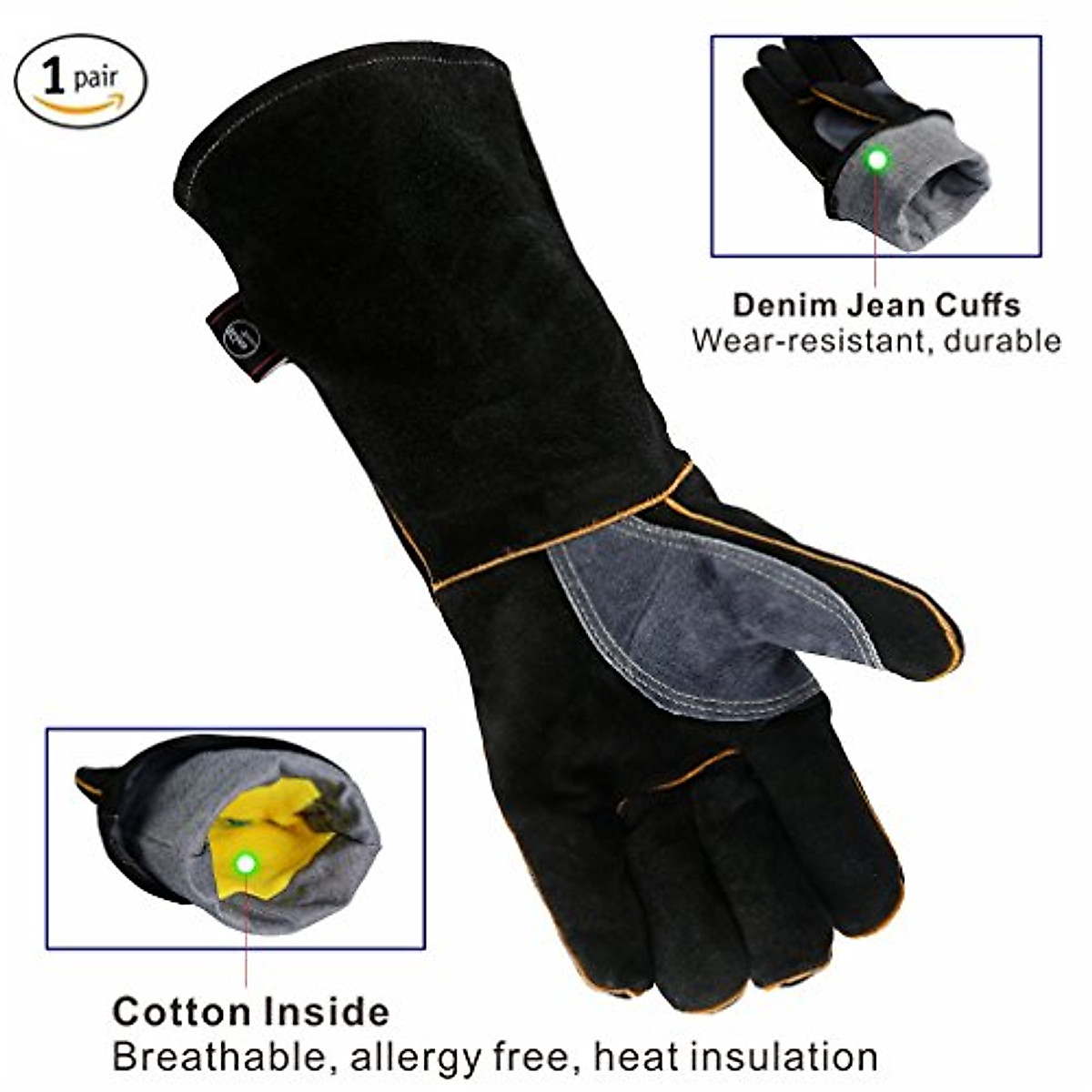 KIM YUAN Extreme Heat & Fire Resistant Gloves Leather with Kevlar Stitching,Mitts Perfect for Fireplace, Stove, Oven, Grill, Welding, BBQ, Mig, Pot Holder, Animal Handling