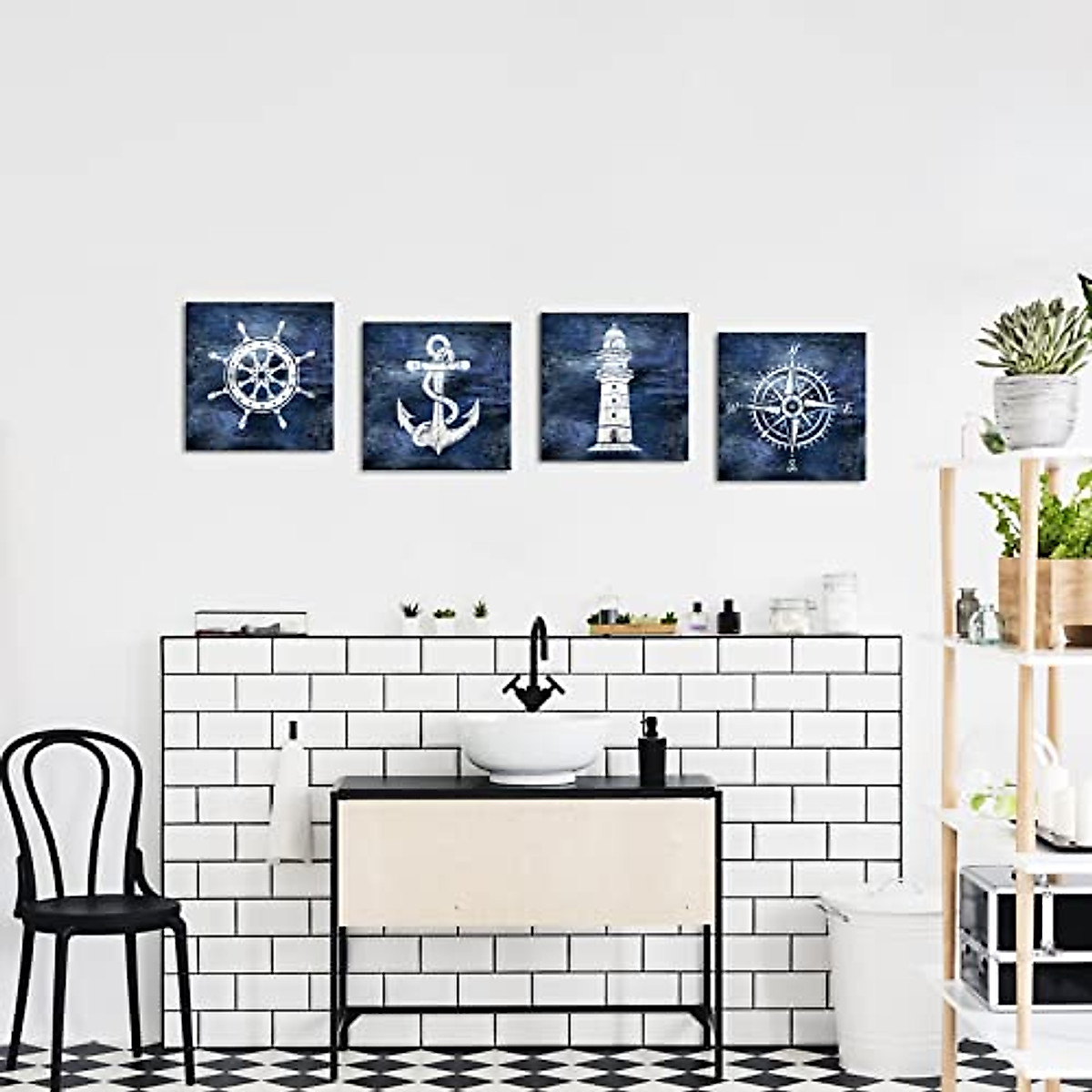 LoveHouse Rustic Nautical Wall Art Boat Anchor Paintings Helm Drawing Compass Print Lighthouse Home Decor Pictures Navy Blue Artwork for Bathroom Living Room Ready to Hang 12x12 Inchx4 Piece