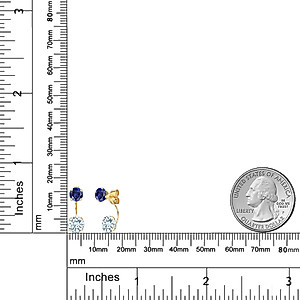 Gem Stone King 14K Yellow Gold Sky Blue Aquamarine and Blue Created Sapphire Dual Drop 2 Stone Round Earrings for Women (2.70 Cttw, Gemstone Birthstone, Round 6MM and 5MM)