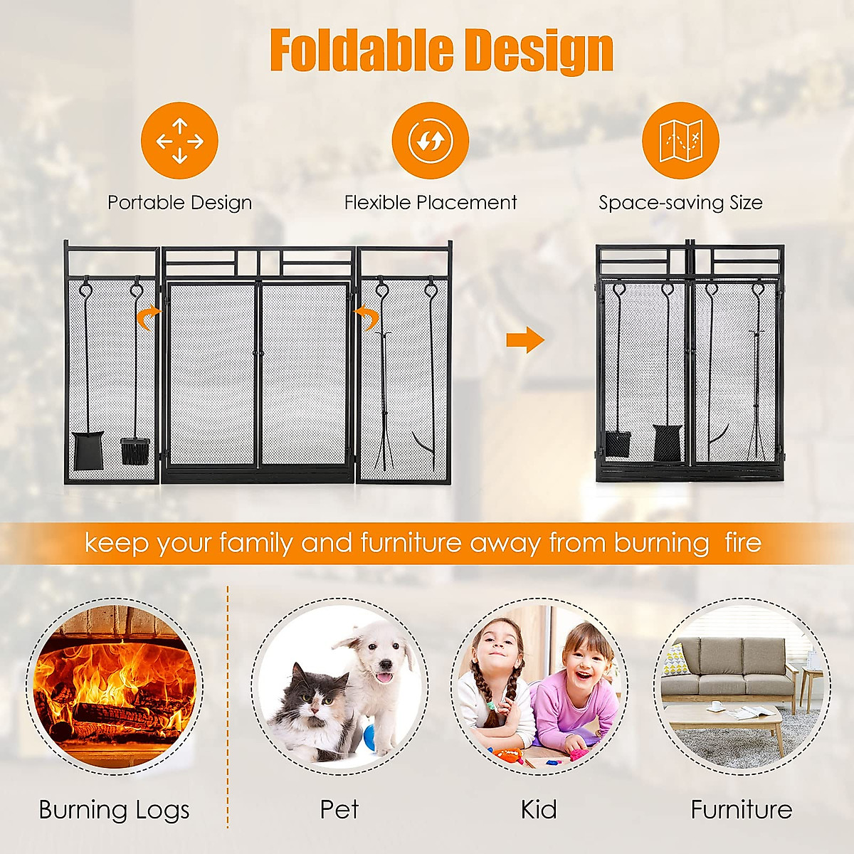 Tangkula 3-Panel Folding Fireplace Screen with Magnetic Hinged Doors, Fire Spark Guard with Fireplace Tools Set, Wrought Iron Decorative Mesh Cover with Wood Burning Stove Accessories, Black