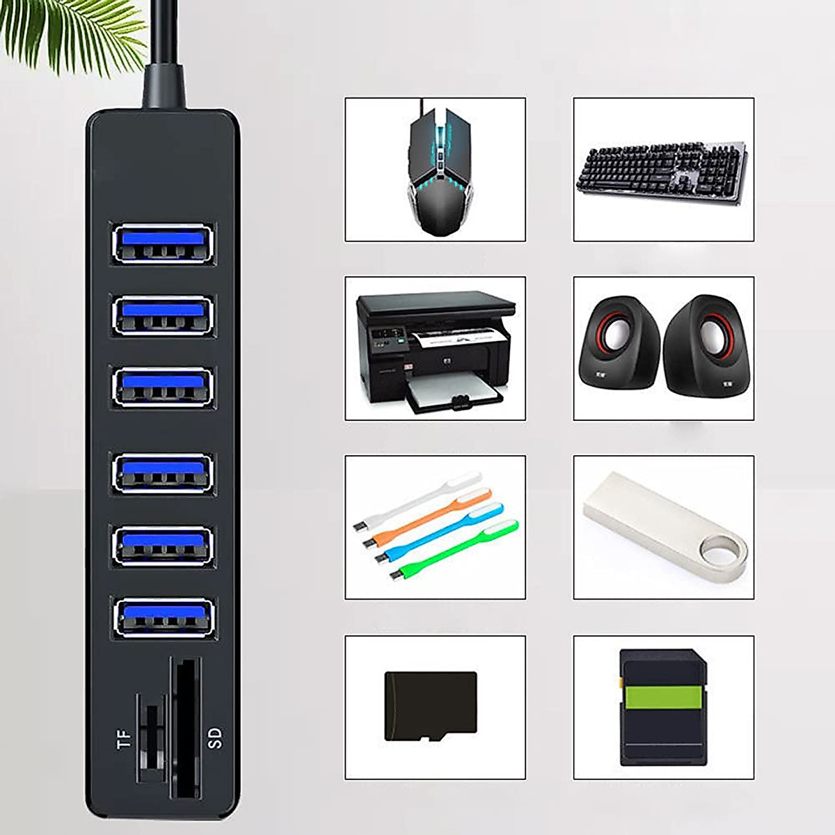 USB Hub, Universal Ultra Slim Data Hub 6 Port USB 2.0 Hub Multifunctional Splitter, 2.0 USB Extension Splitter with 60cm Cable(Black)