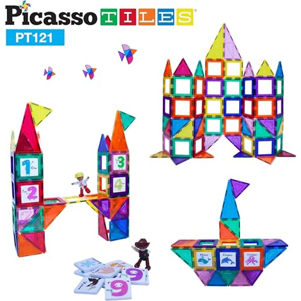 PicassoTiles 121 pc Master Builder Magnetic Building Block Construction Set Magnet Tiles Blocks with Car Truck, 2 Character Action Figures, 28 Educational Alphabet Animal and Number Graphics, Windmill