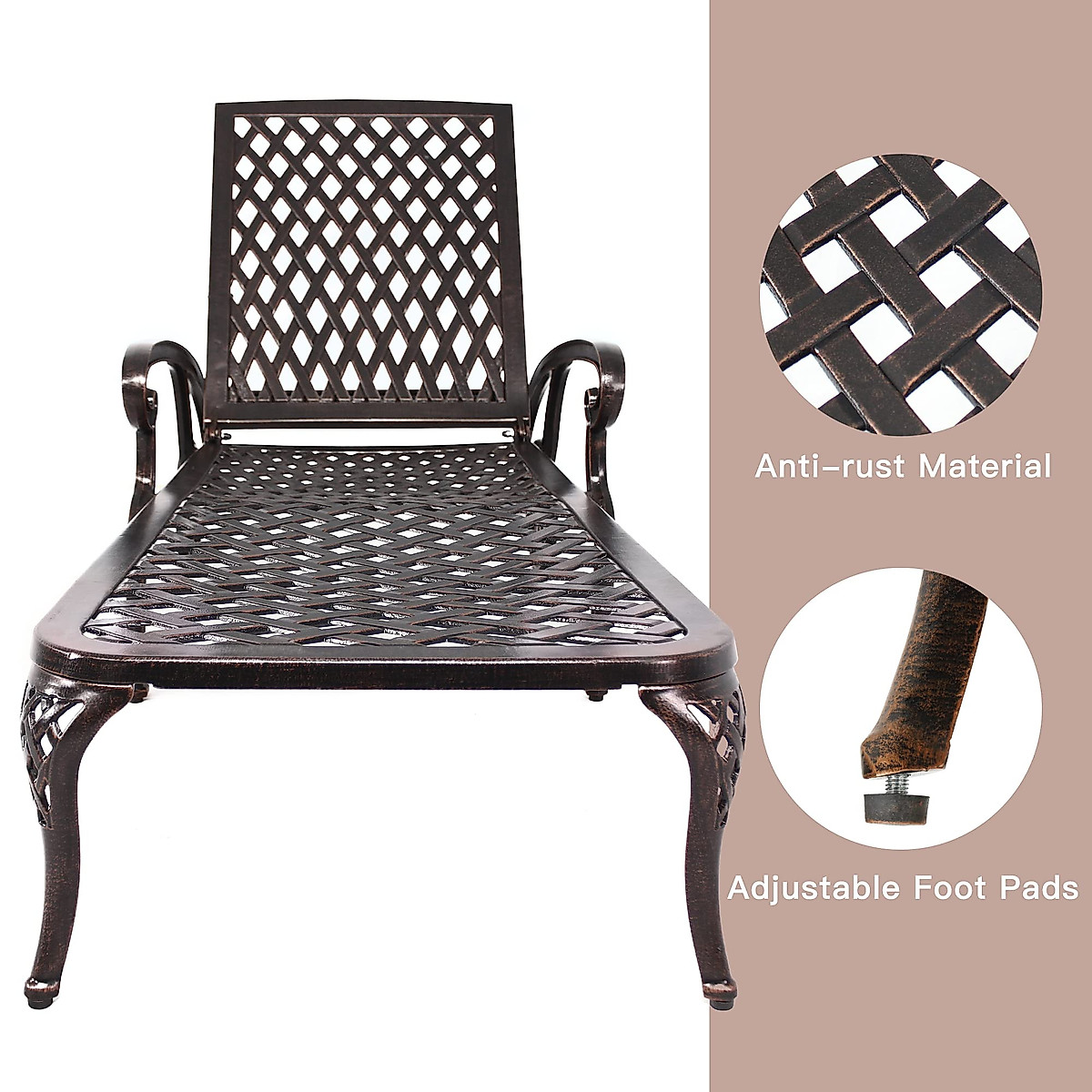 Villeston Chaise Lounges for Outside - Lounge Chairs Outdoor Set of 3 Pool Tanning Chair Adjustable Patio Recliner with End Table Cast Aluminum for Beach Yard, Antique Bronze