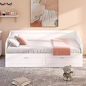 RUNWON Wooden Daybed with Trundle Bed and Two Storage Drawers, Extendable Bed Daybed,Sofa Bed with Two Drawers, White, King (Pull-Out Bunk Bed)