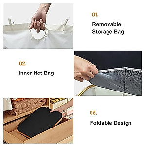ROPECUBE 145L laundry basket with Lid, Large Foldable Laundry Hamper for laundry with net bag,Clothes Basket Organizer with 2 storage bag for Bedroom and Bathroom (Black and White)