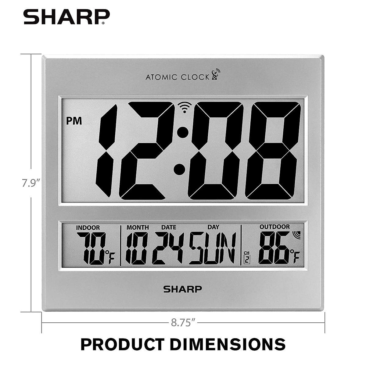 Sharp Atomic Clock - Atomic Accuracy - Never Needs Setting! -Silver Tech Style - Jumbo 3" Easy to Read Numbers - Indoor/Outdoor Temperature Display with Wireless Outdoor Sensor - Easy Set-Up!