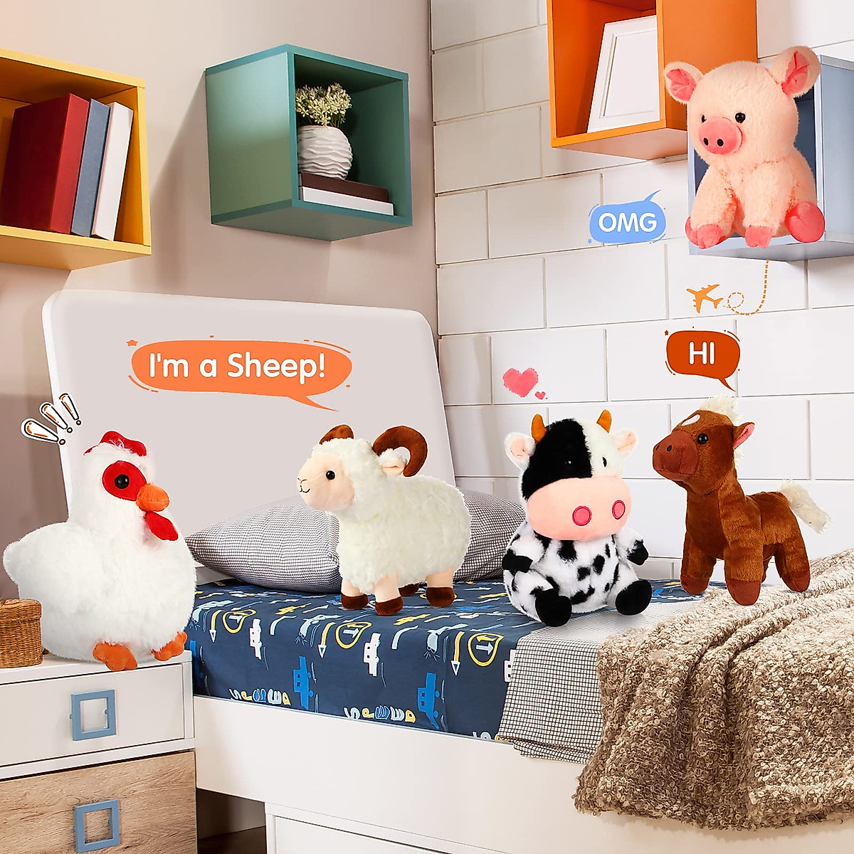 5 Pack Farm Plush Animals Set 10 Inches Plush Farm Stuffed Animals Barnyard Stuffed Animals Soft Pig Rooster Horse Sheep Cow Stuffed Animals Toy for Birthday Party Decoration Supplies