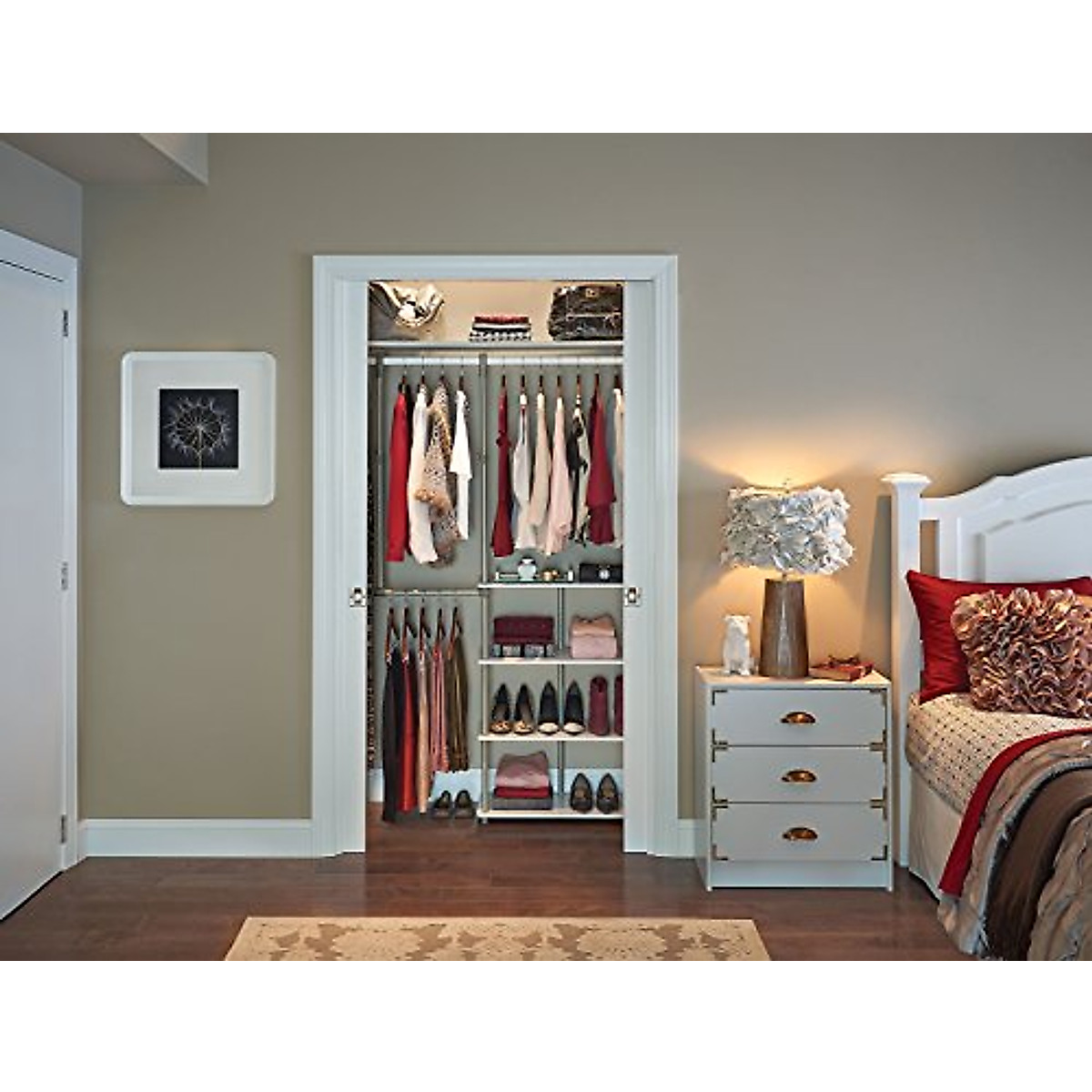 ClosetMaid 55300 Closet Maximizer with (4) Shelves & Double Hang Rod, Tool Free Add On Unit, White Finish,11.6 x 53 x 74 inches