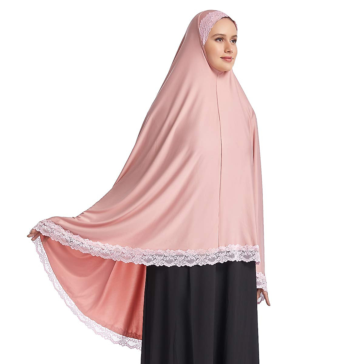 Women's Elegant Hijab Lace Trim Muslim Islamic Ramadan Soft Lightweight Hijab Long Scarf Pink