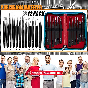 Antonki 12 Pack Precision Tweezers Set, Point and Slant Metal Tweezer Kits for Craft, Soldering, Jewelry, Ingrown Hair, Eyelash Extension, Eyebrow - with Case