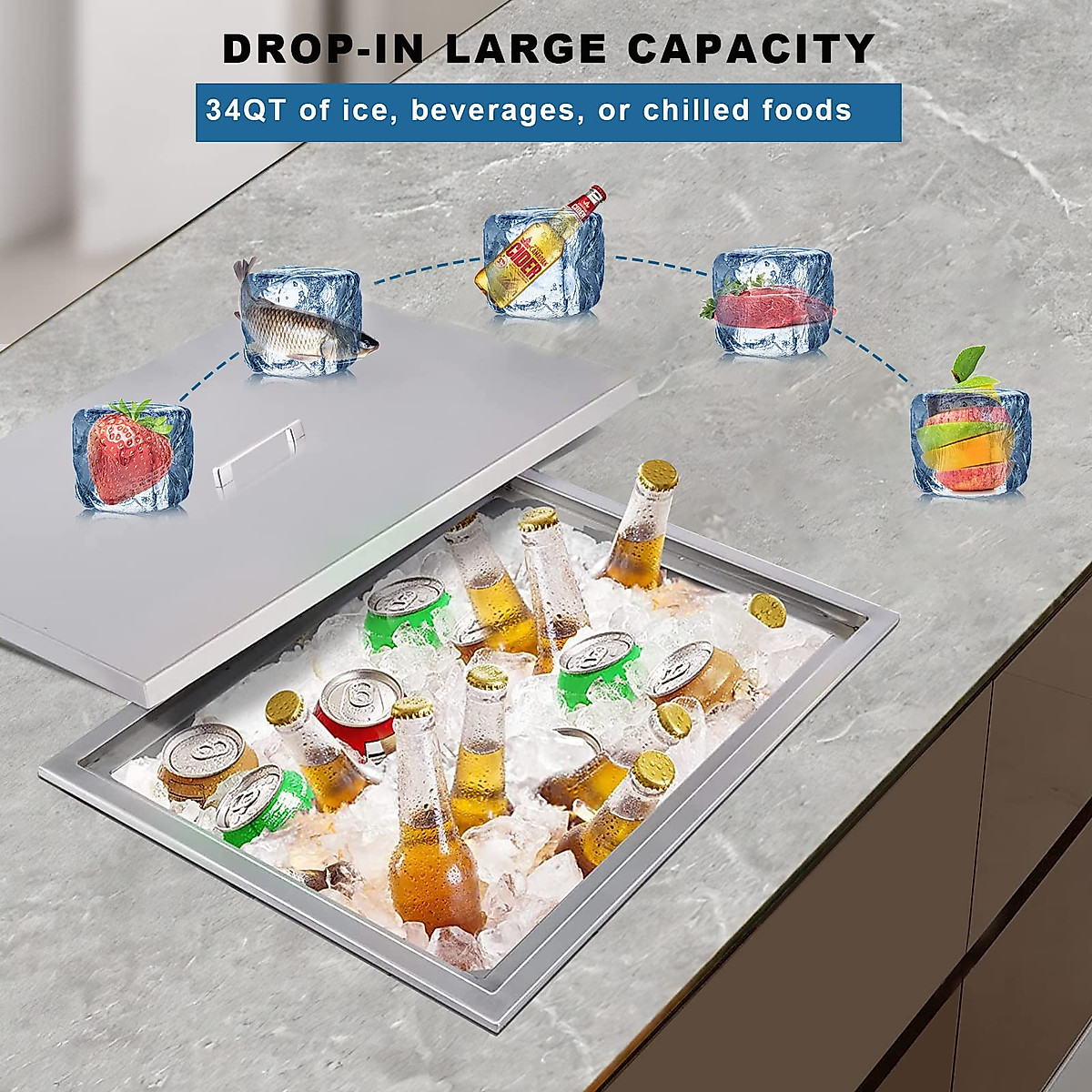 ETE ETMATE Outdoor Drop in Ice Chest W14'' D12'' H20'' Ice Chest Built-in Stainless Steel ice Bucket with Removable lid