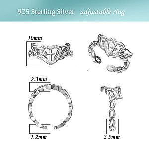QIUQIULU Celtic Knot Open Finger Ring 925 Sterling Silver Heart Cross Ring Adjustable Size 6-9
