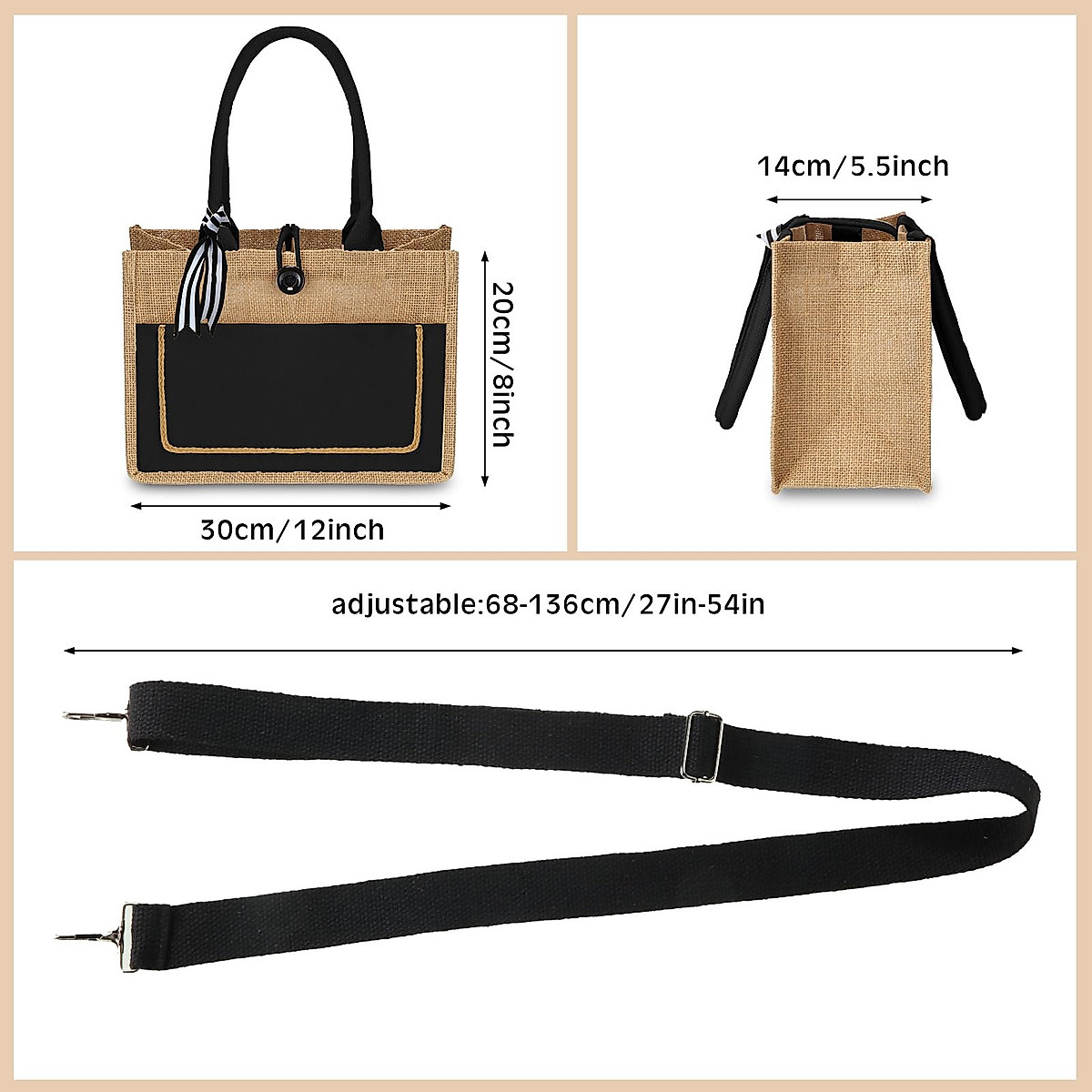 Silkfly 12 Packs Jute Burlap Tote Bags 11.81x7.87x5.51 Inches Burlap Beach Bags with Handles Nice Gift for Women Mom (Black)