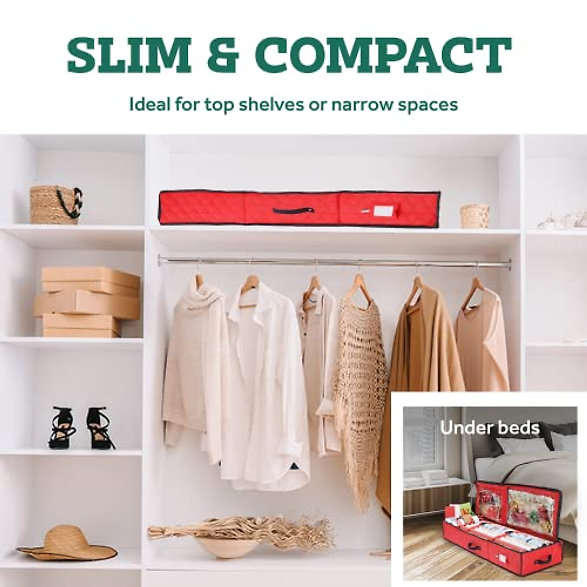 ZOBER Wrapping Paper Storage Containers - 40.5x14x6 Inch, Quilted, Duffle Bag-Style Gift Wrap Organizer and Storage Bag w/Wheels, Zipper and Double Handle for Christmas Decorations - Red