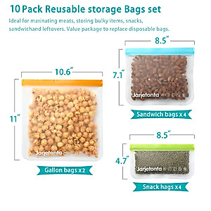 Reusable Storage Bags,10 Pack Reusable Food Container Bags Sets BPA Free Freezer Bags,2 Food Storage Gallon Bags,4 Leakproof Sandwich Bags and 4 Kids Snack Bags,Resealable Silicone for Meat Fruit