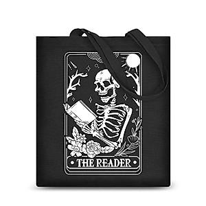 AUSVKAI Canvas Tote Bag Aesthetic for Women, Cute Book&skull Reusable Cloth Cotton Bags for College Shopping Beach Grocery Trendy Gifts