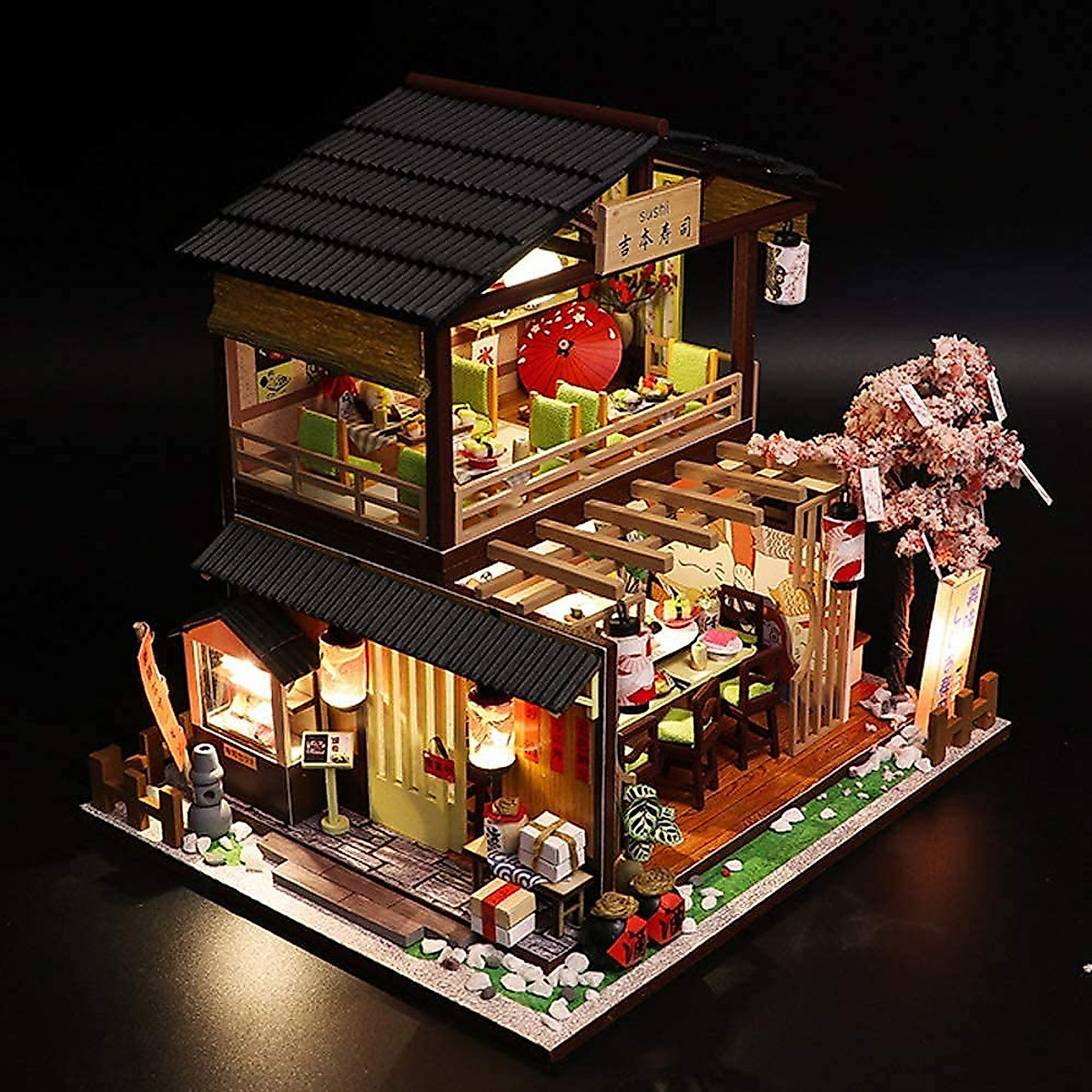 SYW DIY Miniature Dollhouse Kit with Furniture and LED Light，Japanese Sushi Shop Wooden Dollhouse, 1:24 Scale Creative Doll House Toys for Teen