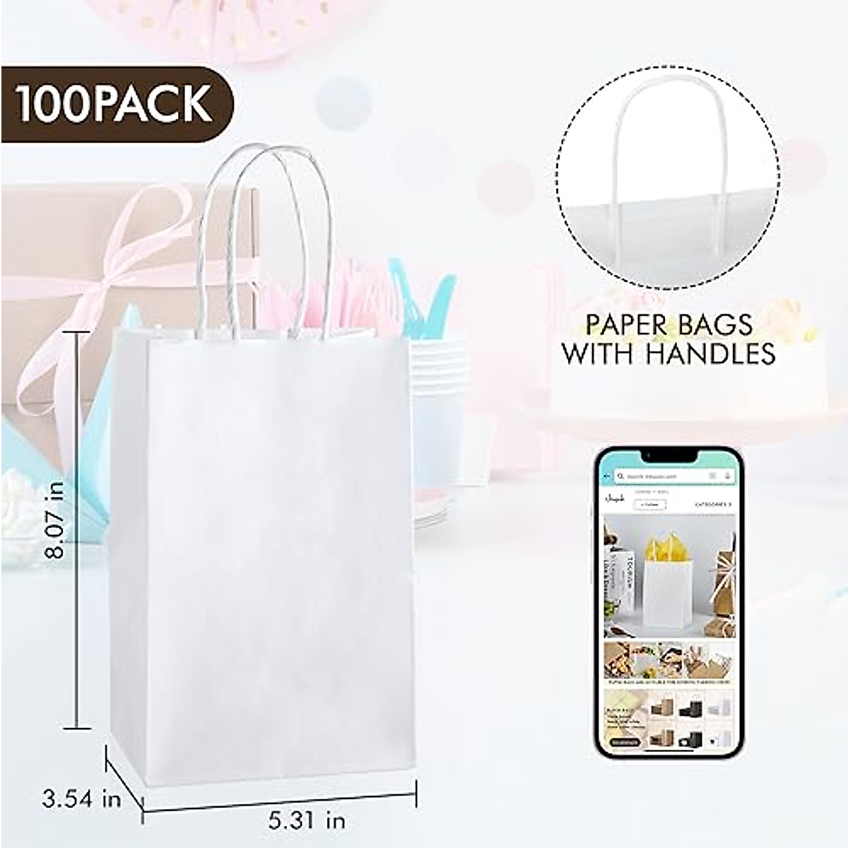 LITOPAK 100Pcs Paper Gift Bags, 8x5.25x3.75 Inches, White, Solid, Minimalist, Christmas, General Use, Gift Wrap, Bulk