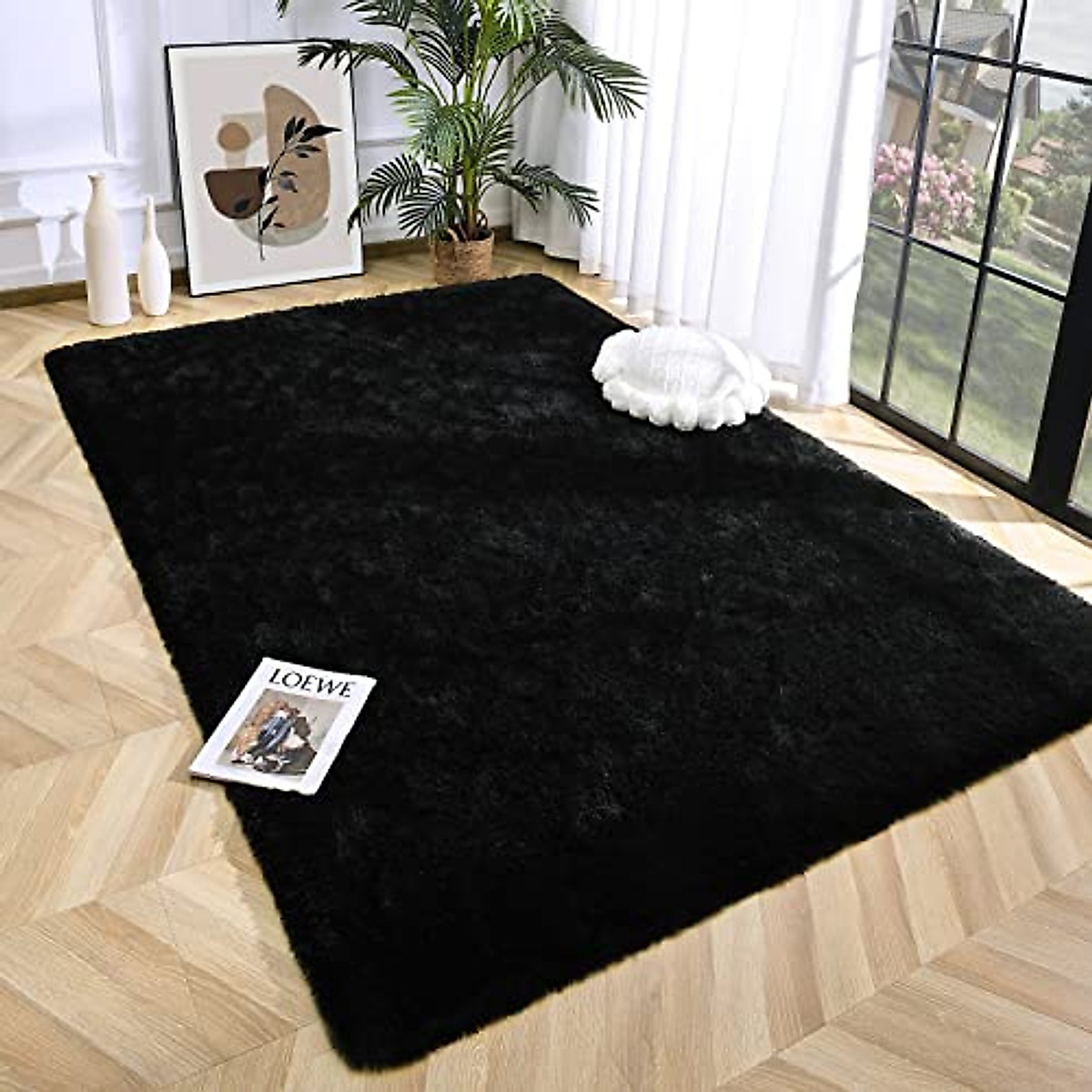 Prabia Super Soft Fluffy Shaggy Rugs 4x5.9 Feet for Living Room Bedroom, Fuzzy Plush Area Rugs for Girls Kids Room Nursery Home Decor, Furry Dorm Rug Cute Non-Slip Indoor Floor Carpet, Black